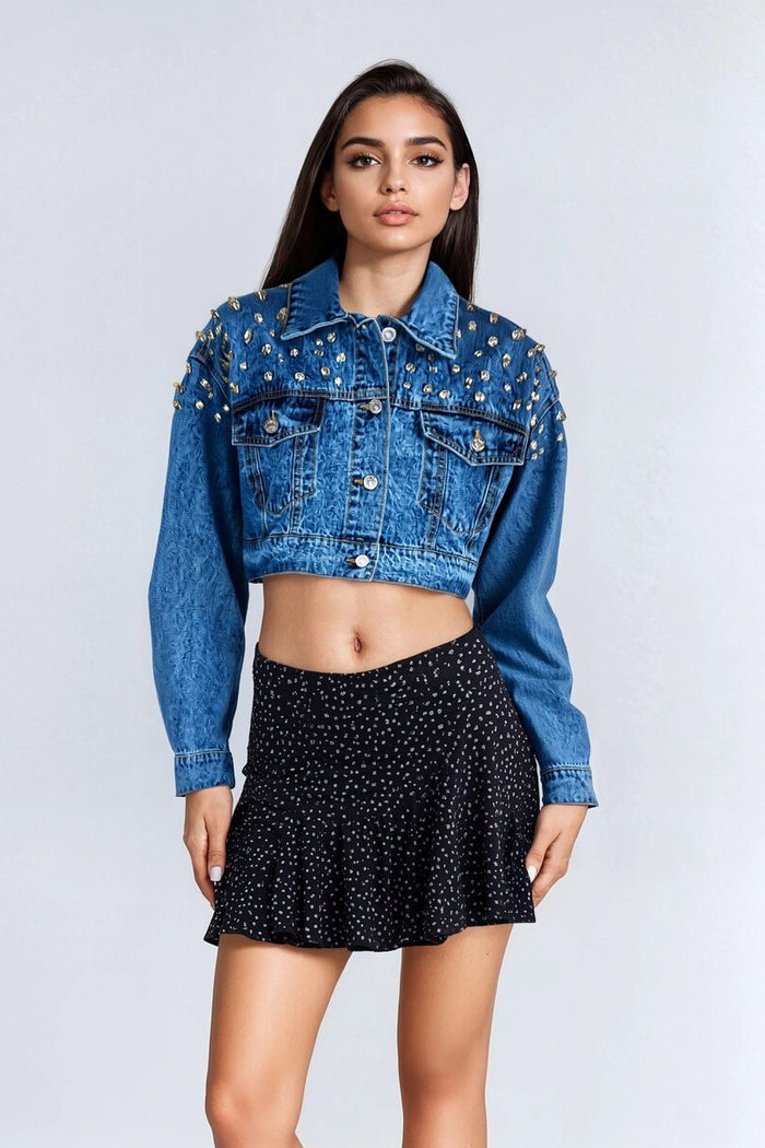 Cropped Rhinestone Denim Jacket