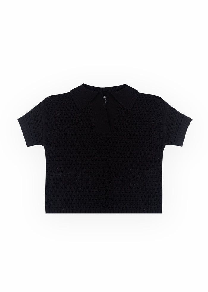 Short-Sleeve Crochet Collared Sweater Top