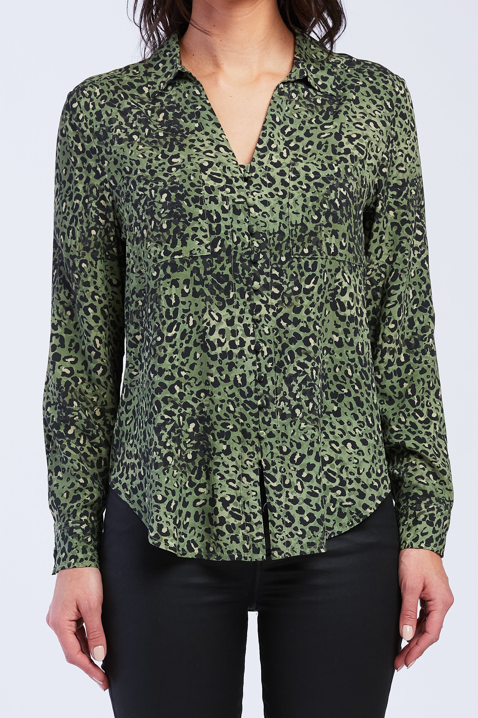Eleni Long Sleeve Loop Button Down Closure Chest Patch Pockets Rounded