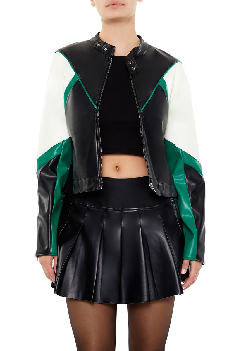 Colorblock Cropped Moto Jacket